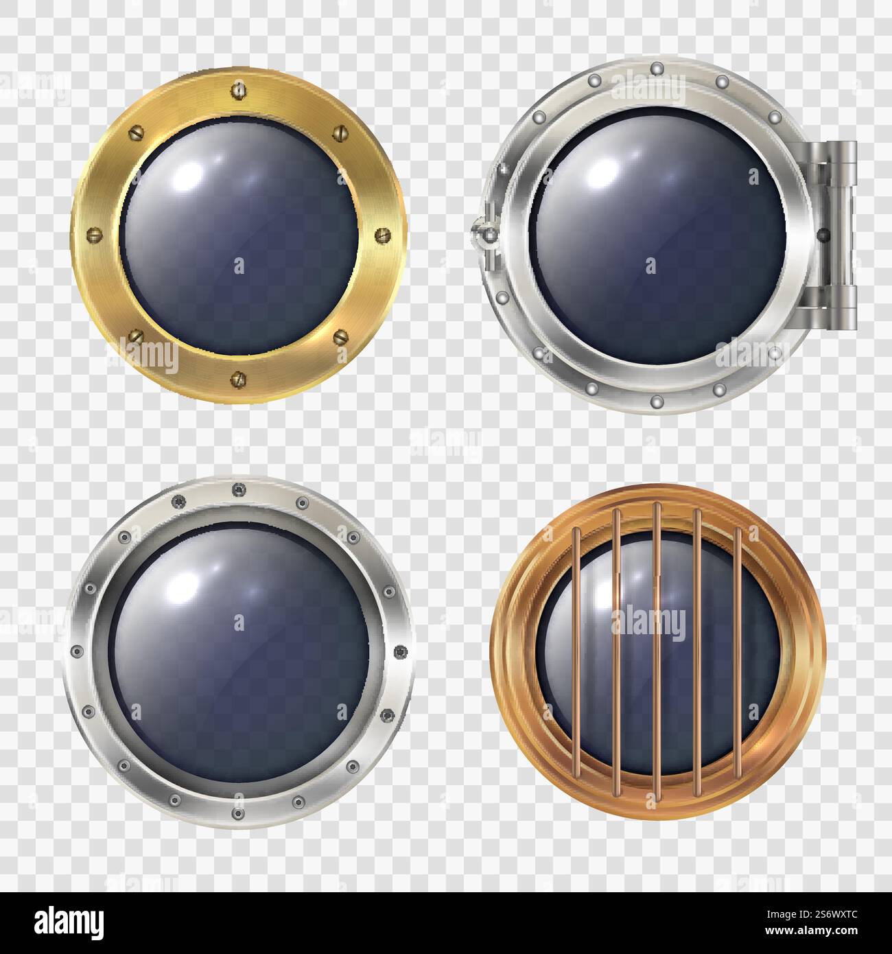 Round ship window. Metallic spaceship or submarinas illuminator ...