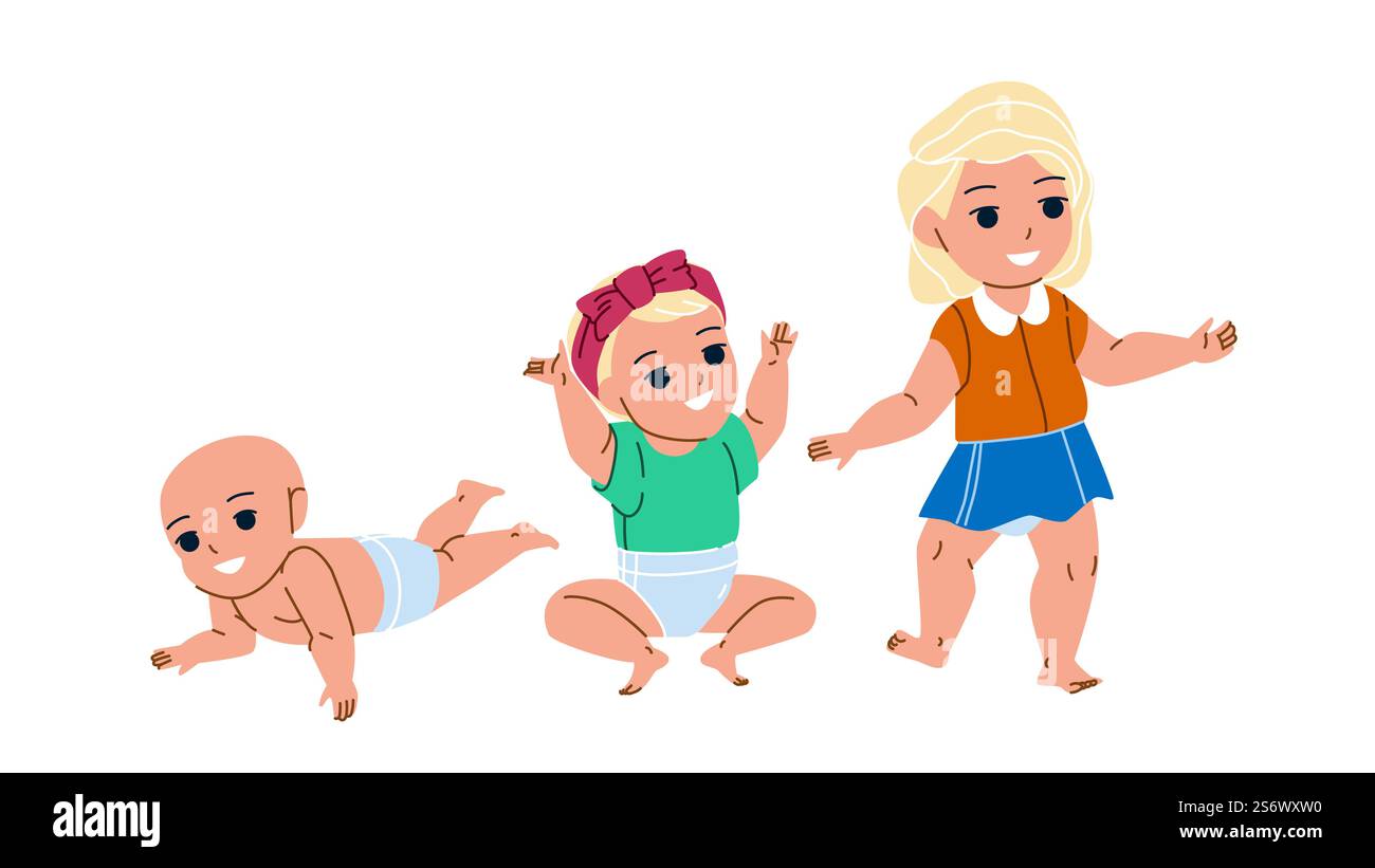Baby Girl Growing To Schoolgirl Maturity Vector. Toddler Baby Girl Grow ...