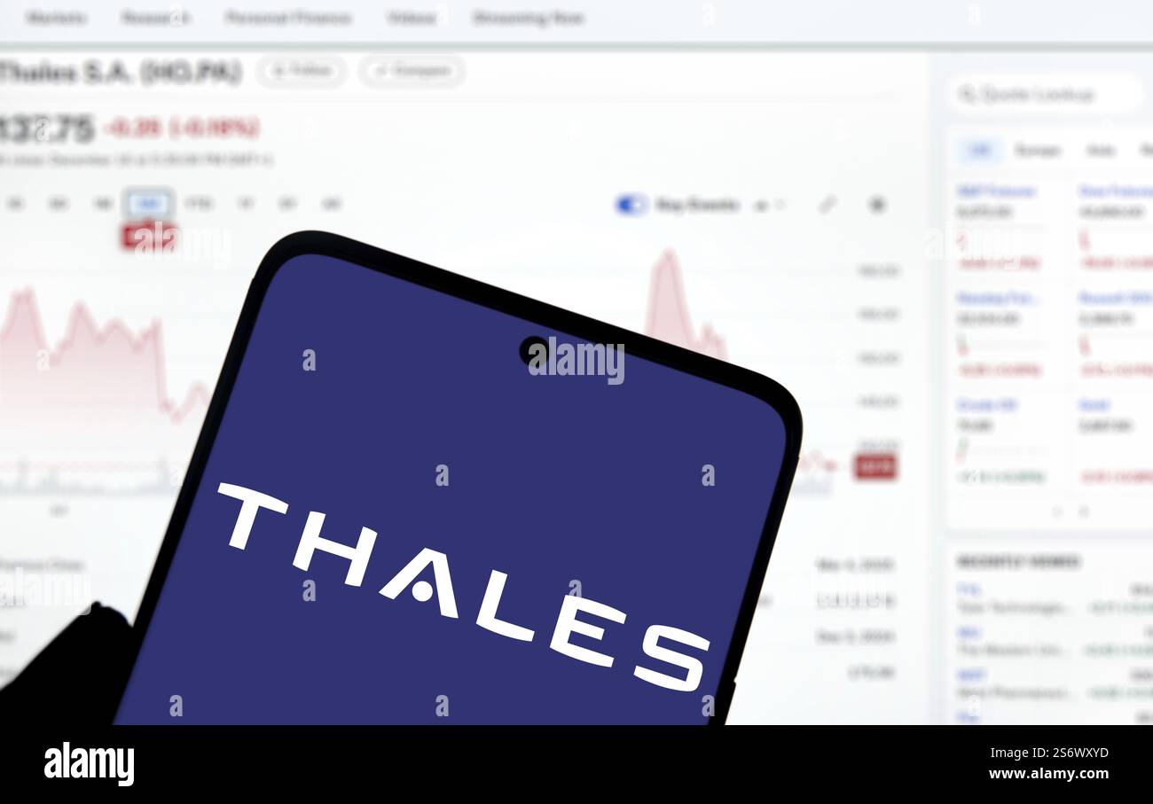 Dhaka, Bangladesh- 17 Dec 2024, Thales logo is displayed on smartphone. Thales Group is a French ...