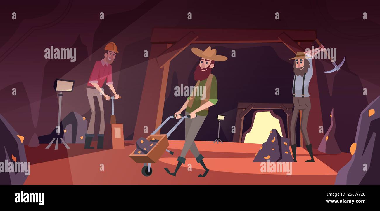 Diggers in tunnel. Golden miners find minerals and making deep tunnel ...