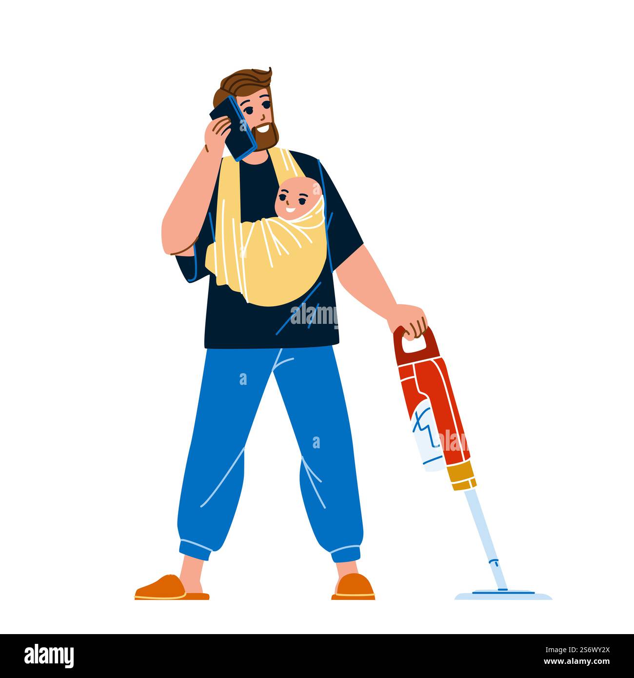 Young Busy Father Housekeeping And Working Vector. Busy Father Man ...