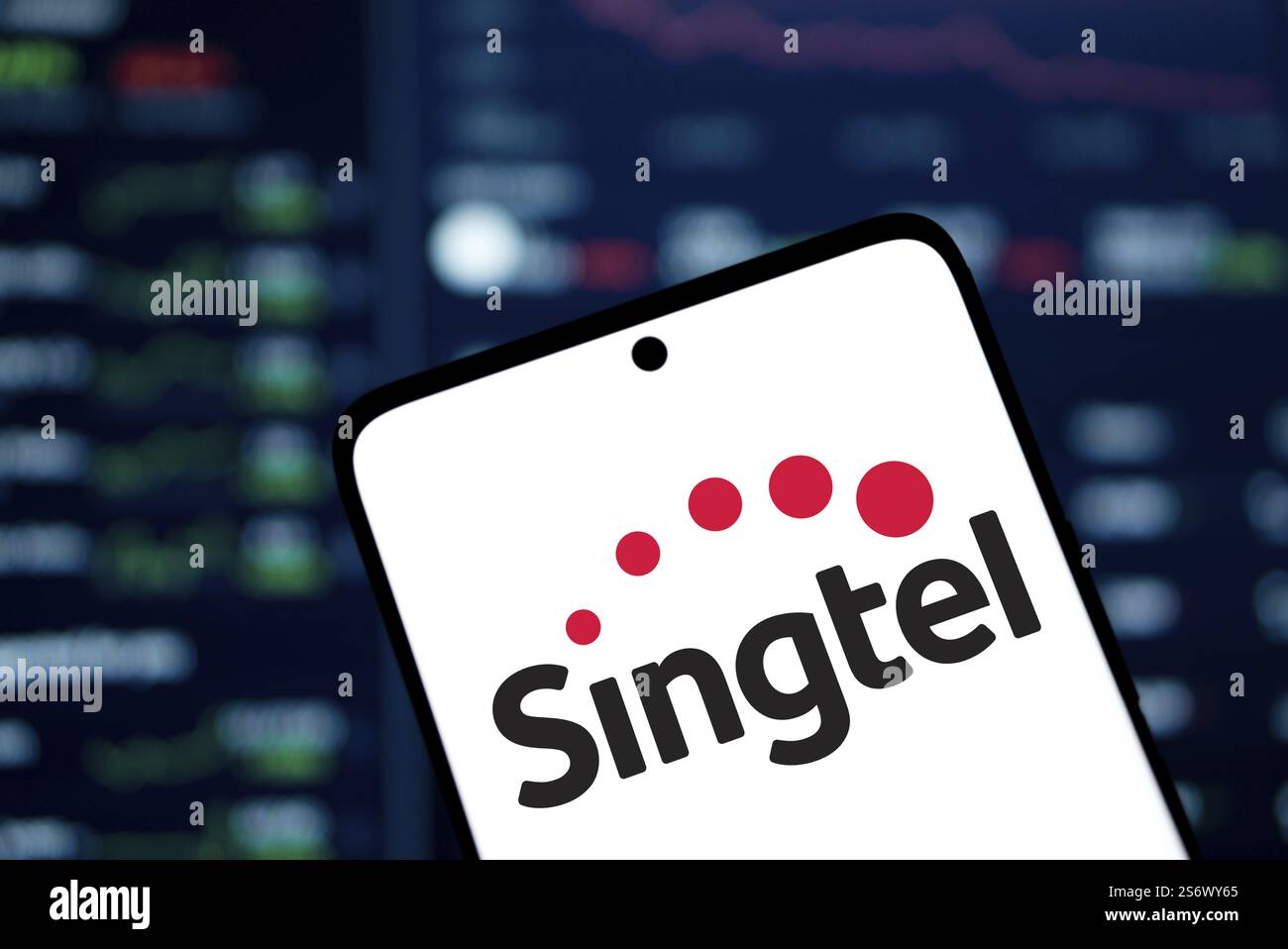 Singtel logo is displayed on smartphone. Singtel is a Singaporean ...