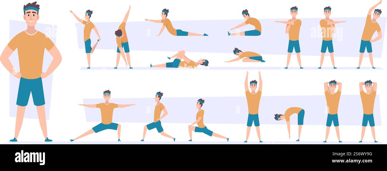 Sport stretching. Muscles flexibility poses workout movements action ...