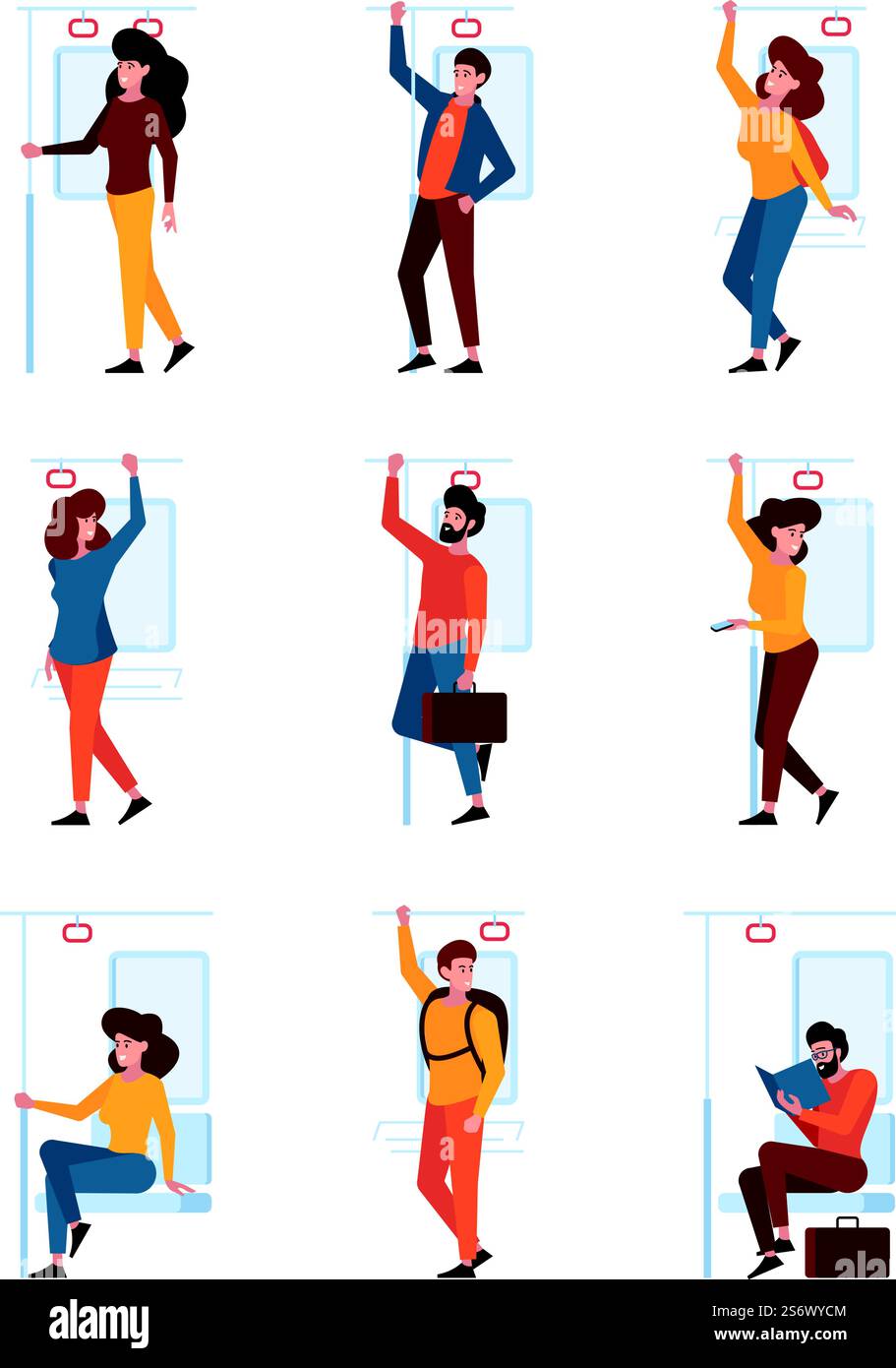 Holding handrail. People standing in train subway adventure travelling ...