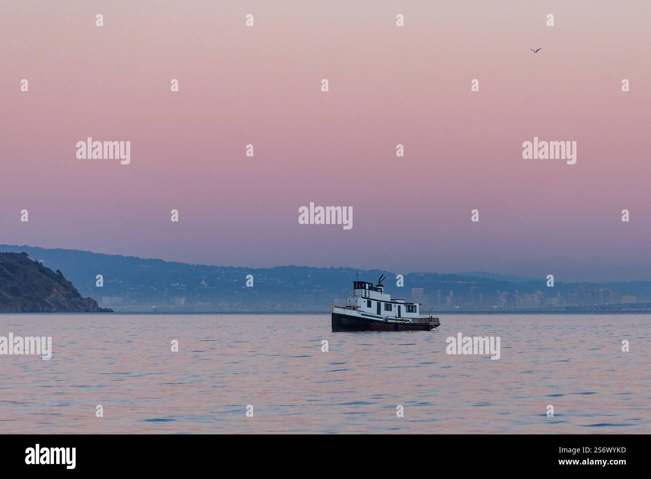 Colorful pink and blue dusk light on tugboat in San Francisco Bay Stock ...