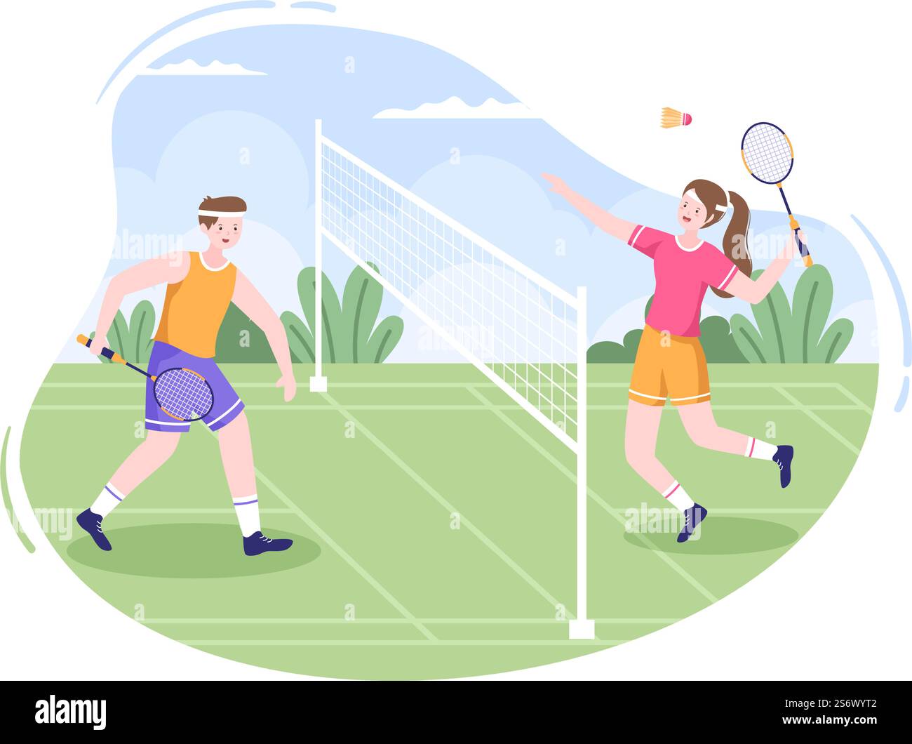 Badminton Player with Shuttle on Court in Flat Style Cartoon ...