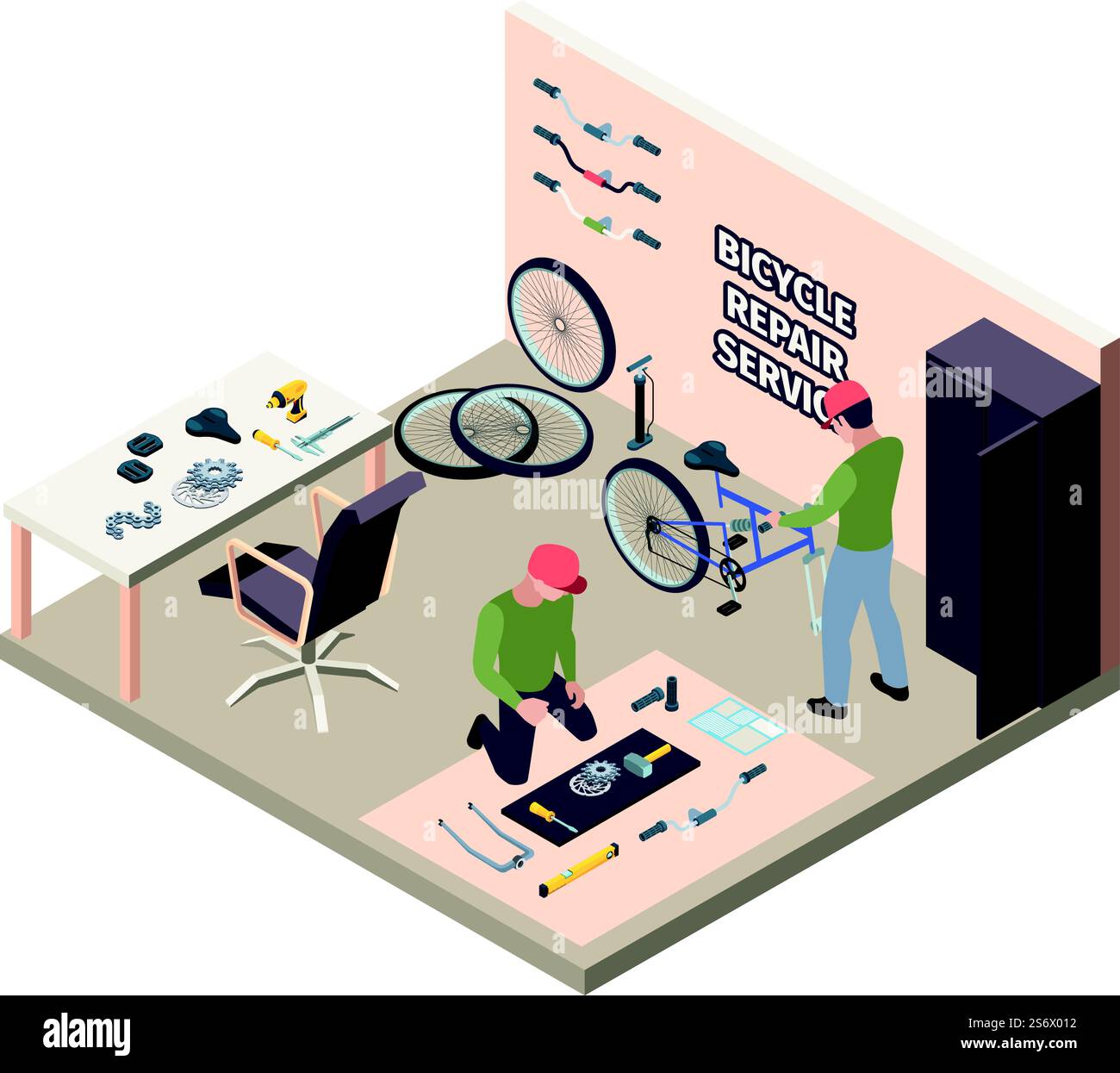 Bicycle repair. Workers engineers holding bike tools wheels cog bicycle ...