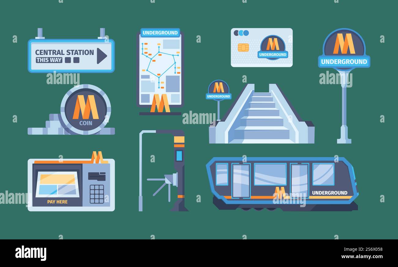 Metro system. Urban city subway elements train baggage passengers ...