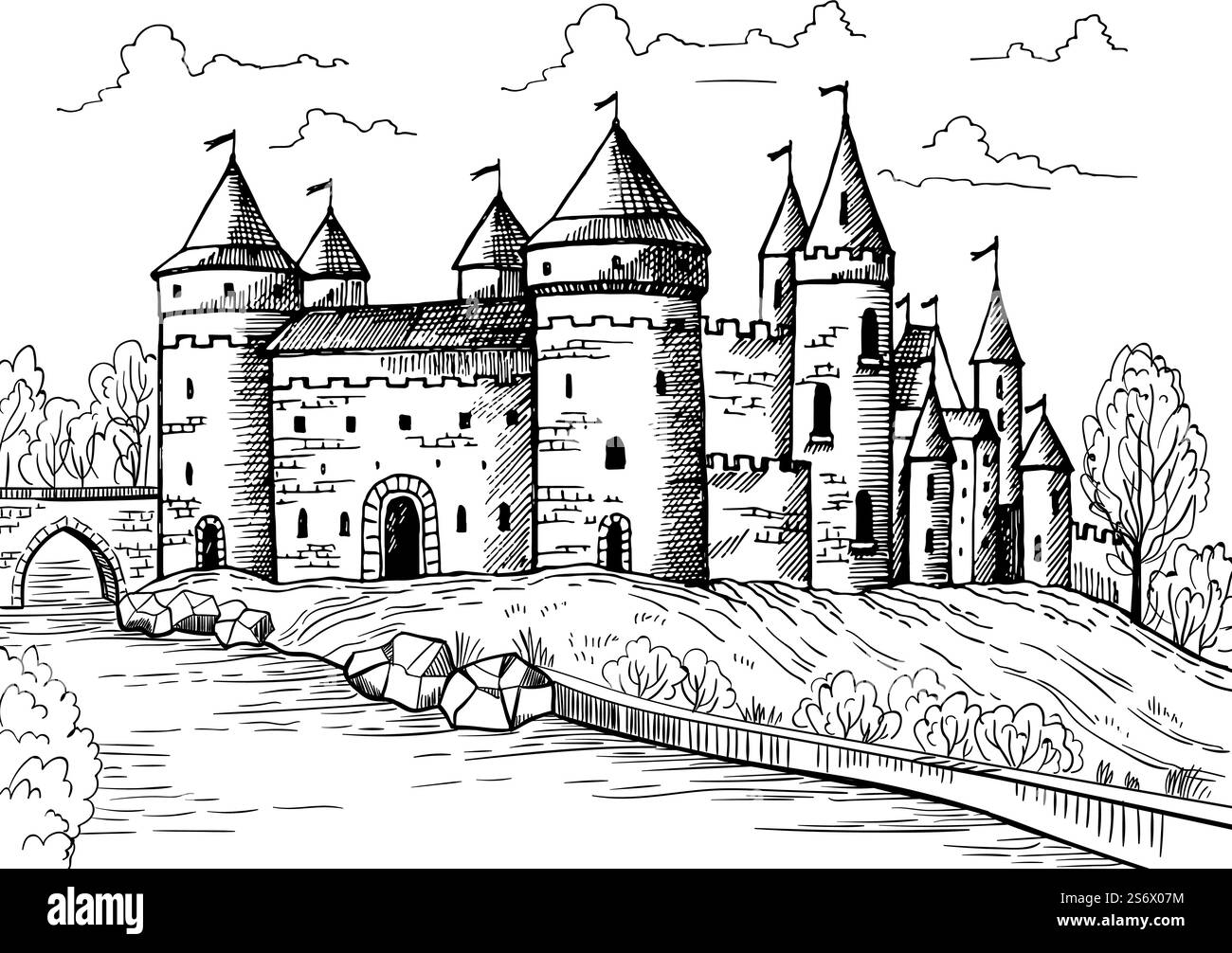 Medieval landscape. Gothic ancient buildings with big fortress fantasy ...
