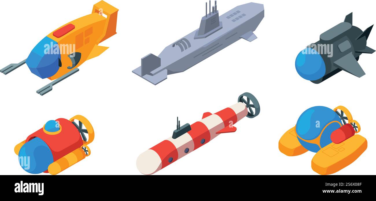 Submarine isometric. Ocean underwater exploring boats and ship with ...