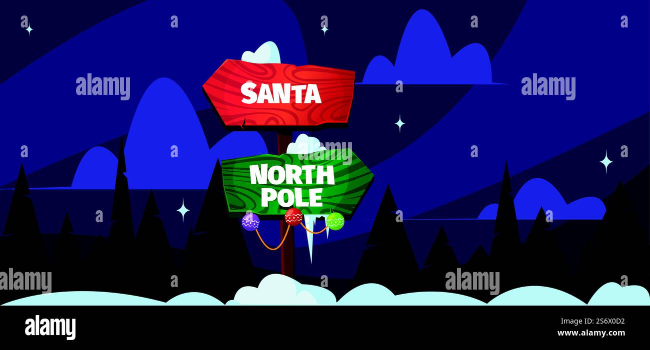 North pole background. Fairytale christmas snow landscape with wooden ...