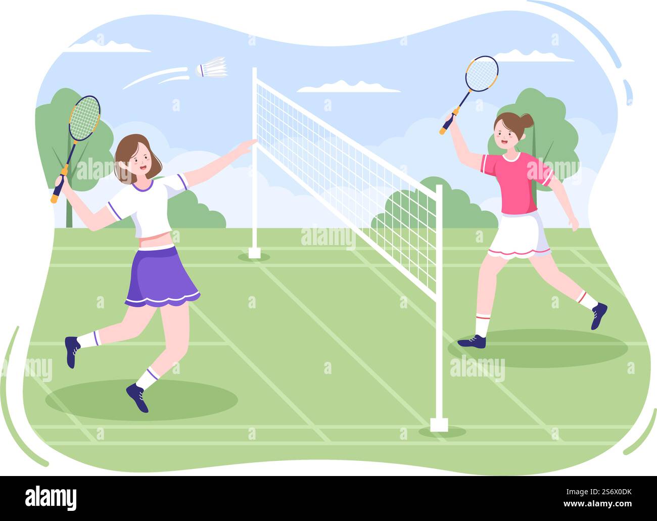 Badminton Player with Shuttle on Court in Flat Style Cartoon ...