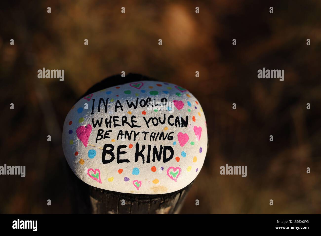 Be kind kindness rock standing out on a fence post Stock Photo - Alamy