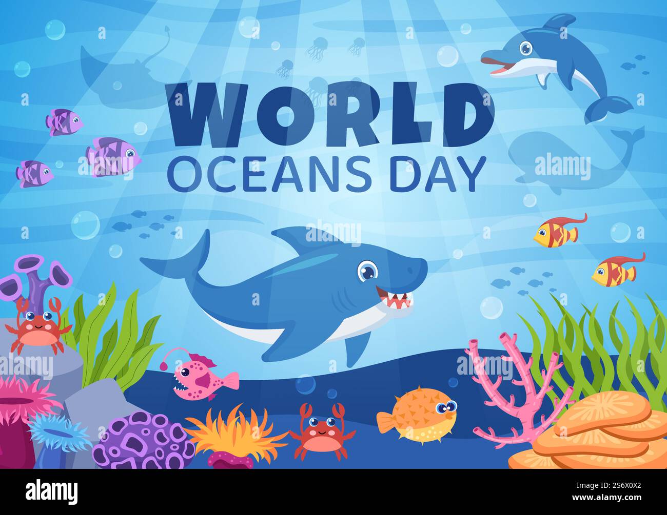 World Ocean Day Cartoon Illustration with Underwater Scenery, Various ...