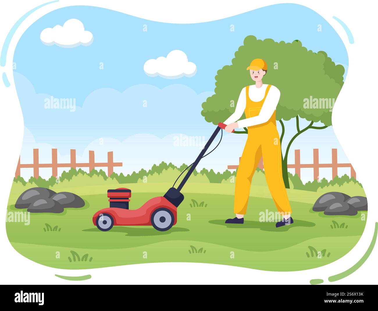 Lawn Mower Cutting Green Grass, Trimming and Care on Page or Garden in ...