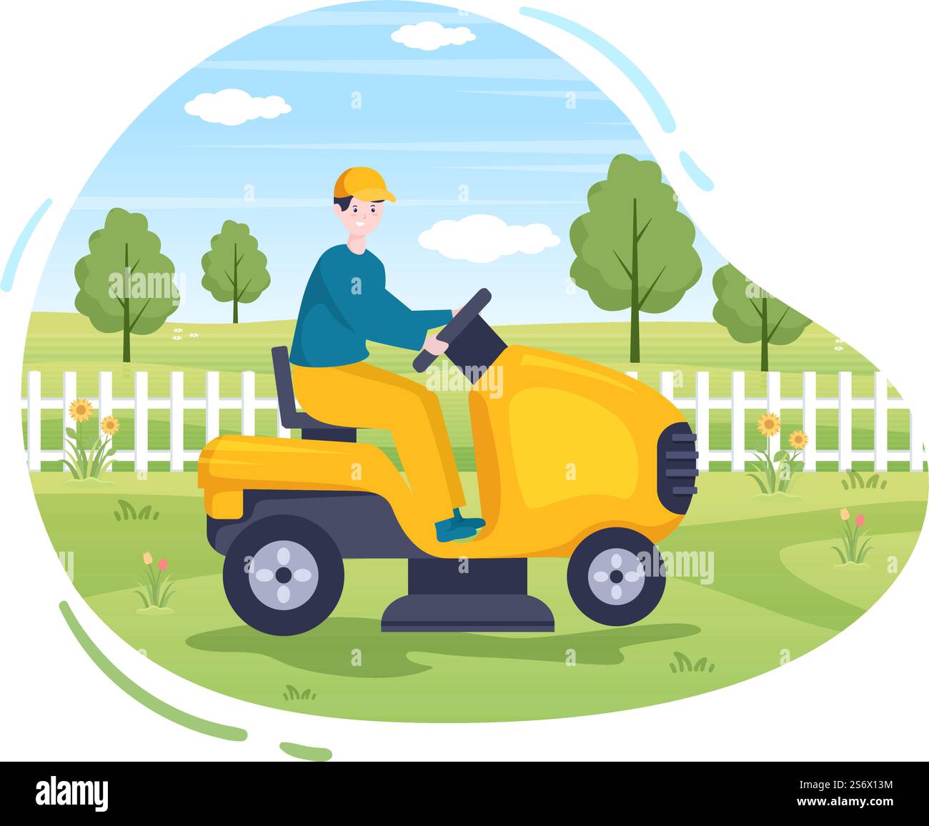 Lawn Mower Cutting Green Grass, Trimming and Care on Page or Garden in ...