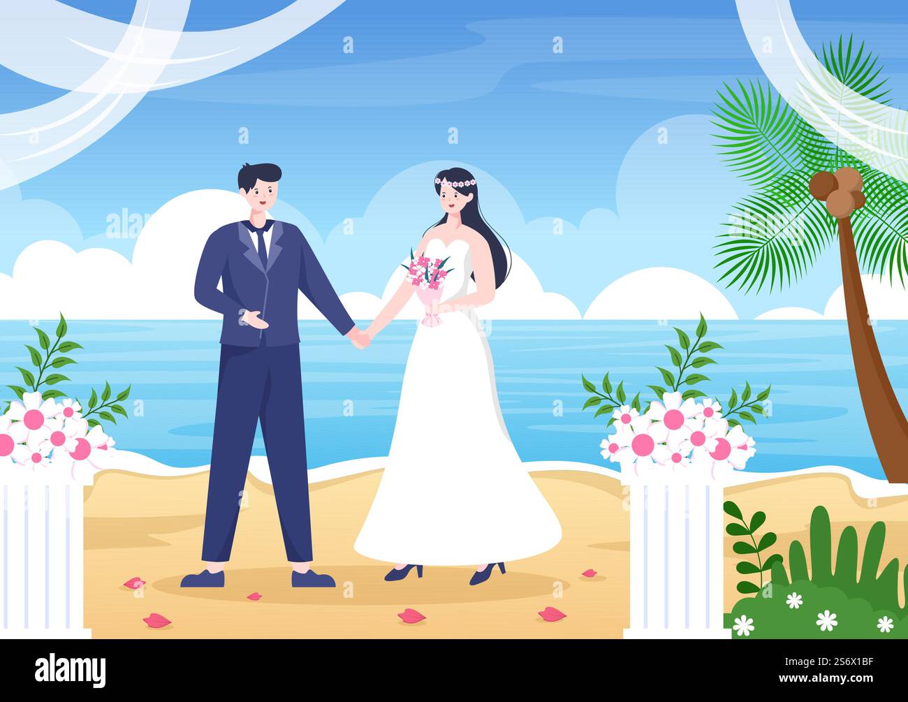Happy Couple Celebrating Wedding or Married Ceremony with Beautiful ...