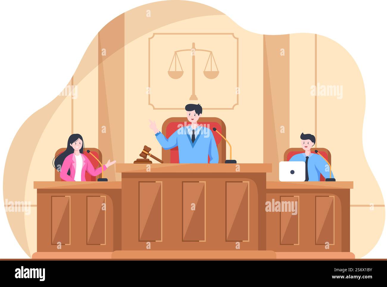 Court Room with Lawyer, Jury Trial, Witness or Judges and the Wooden Judge’s Hammer in Flat ...