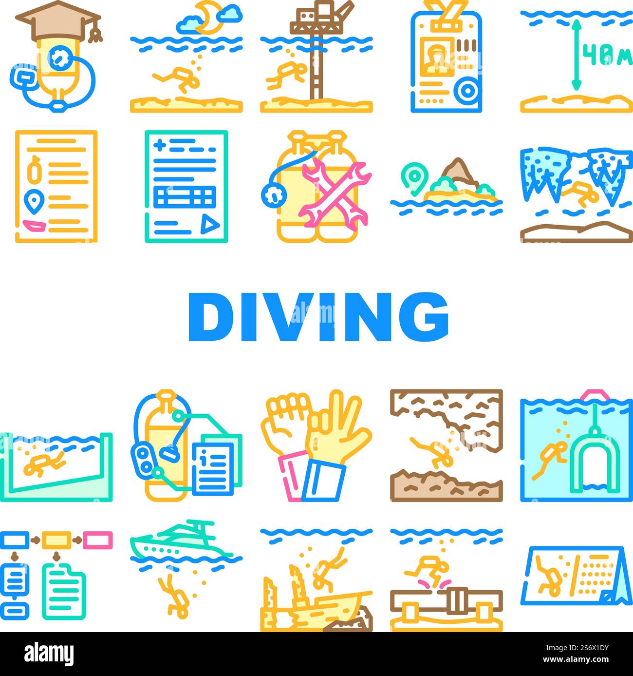 Diving School Education Lesson Icons Set Vector. Diving School Course ...