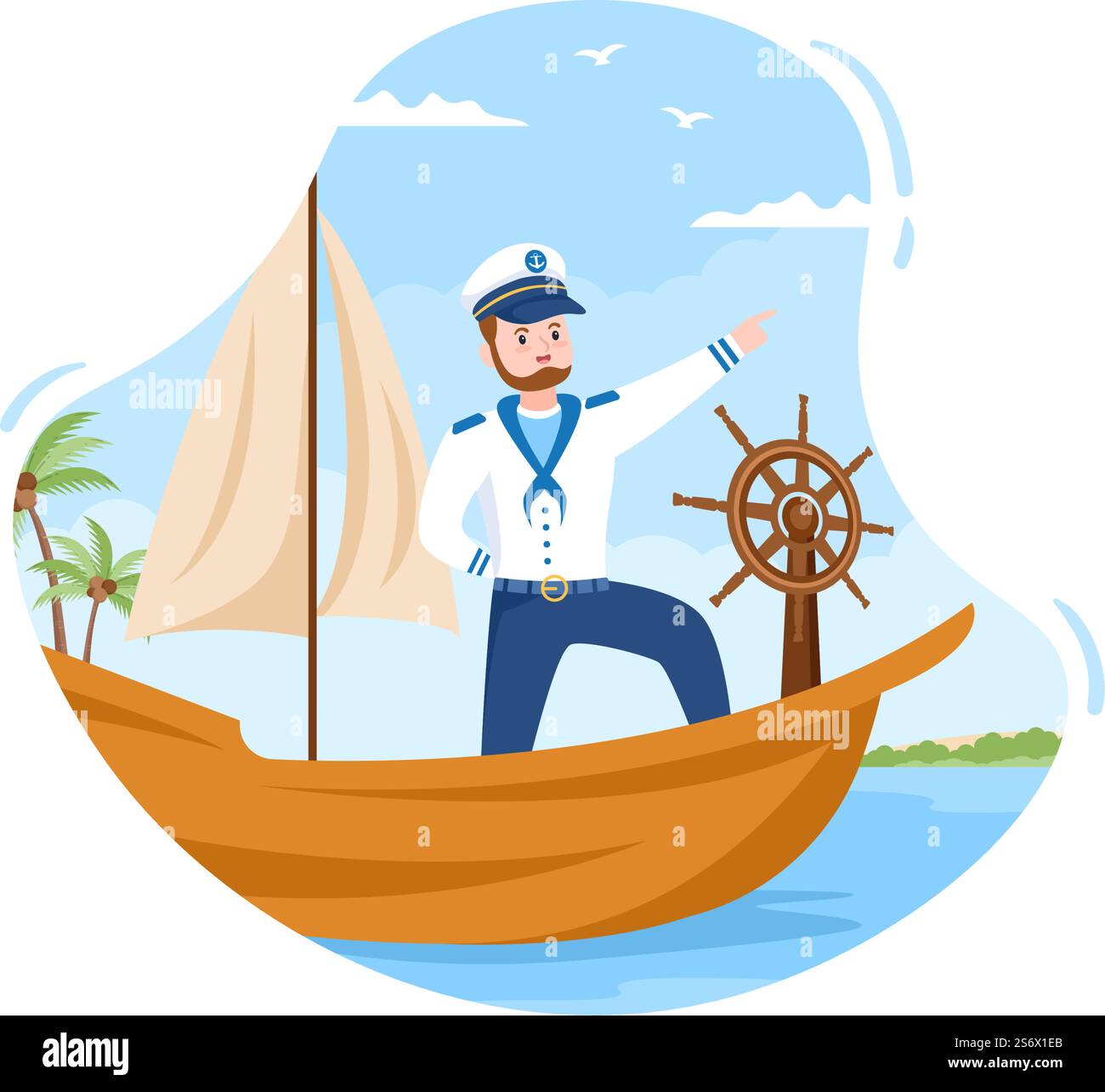 Man Cruise Ship Captain Cartoon Illustration in Sailor Uniform Riding a ...