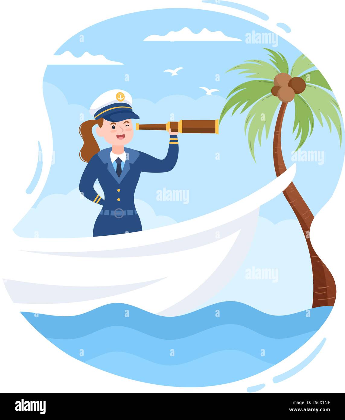 Woman Cruise Ship Captain Cartoon Illustration in Sailor Uniform Riding ...
