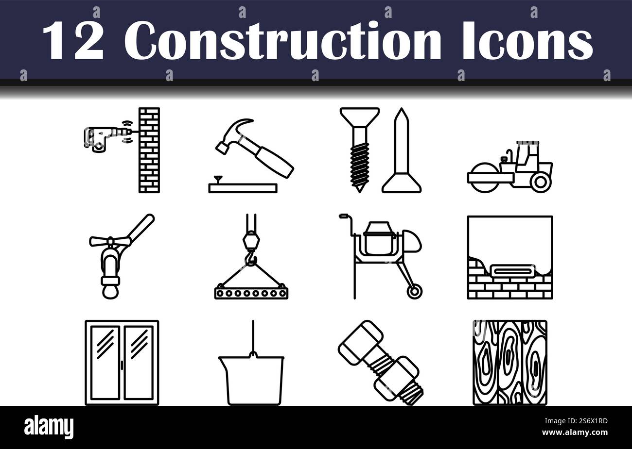 Construction Icon Set. Bold outline design with editable stroke width ...