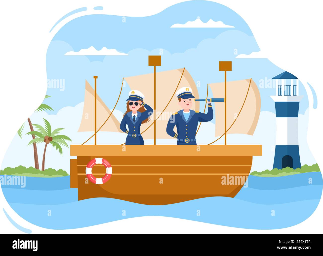 Cruise Ship Captain Cartoon Illustration in Sailor Uniform Riding a ...