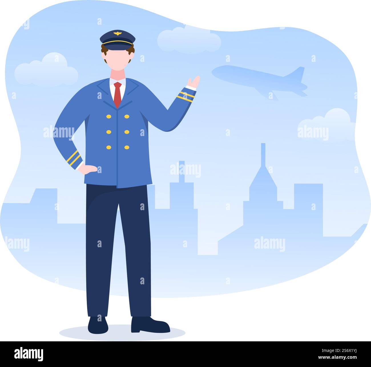 Pilot Cartoon Vector Illustration with Airplane, Air Hostess, City or ...