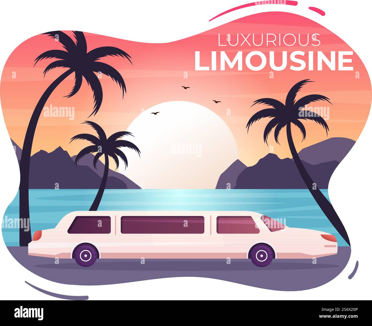 Limousine Car with Sunset or Sunrise Views on the Beach in Flat Cartoon ...