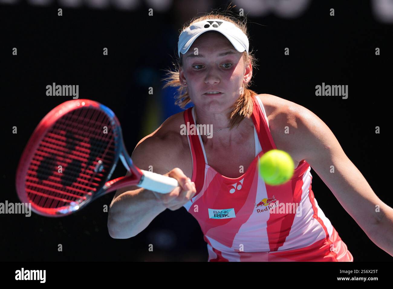 Elena Rybakina of Kazakhstan plays a forehand return to Dayana ...