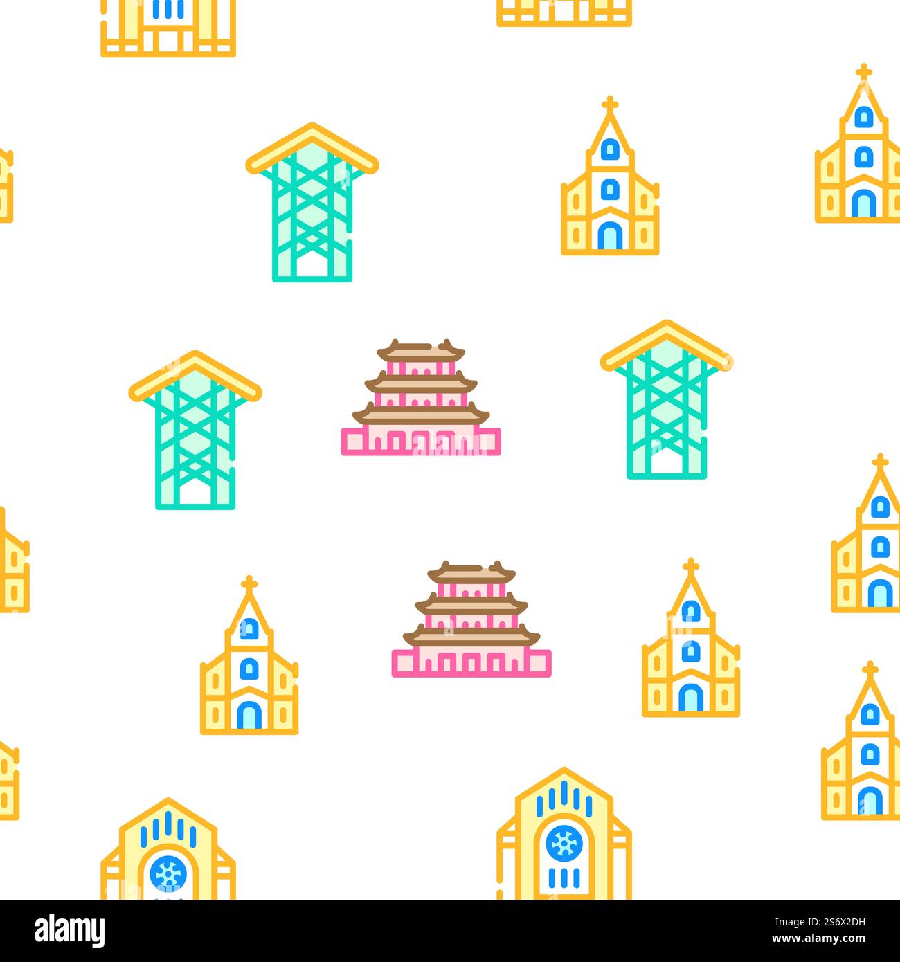 Temple Construction Vector Seamless Pattern Color Line Illustration ...
