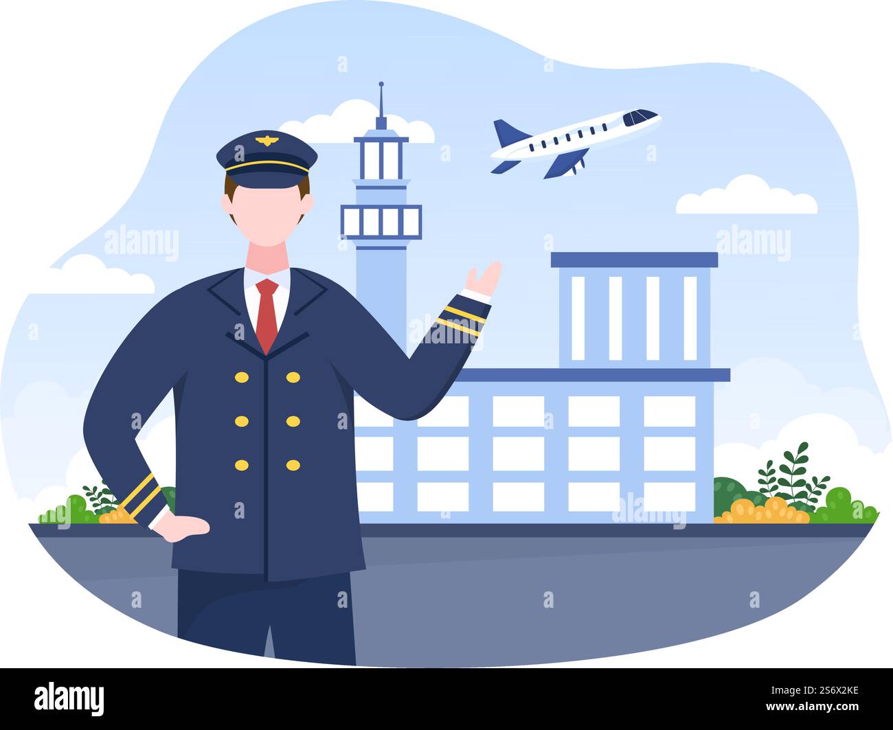 Pilot Cartoon Vector Illustration with Airplane, Air Hostess, City or ...