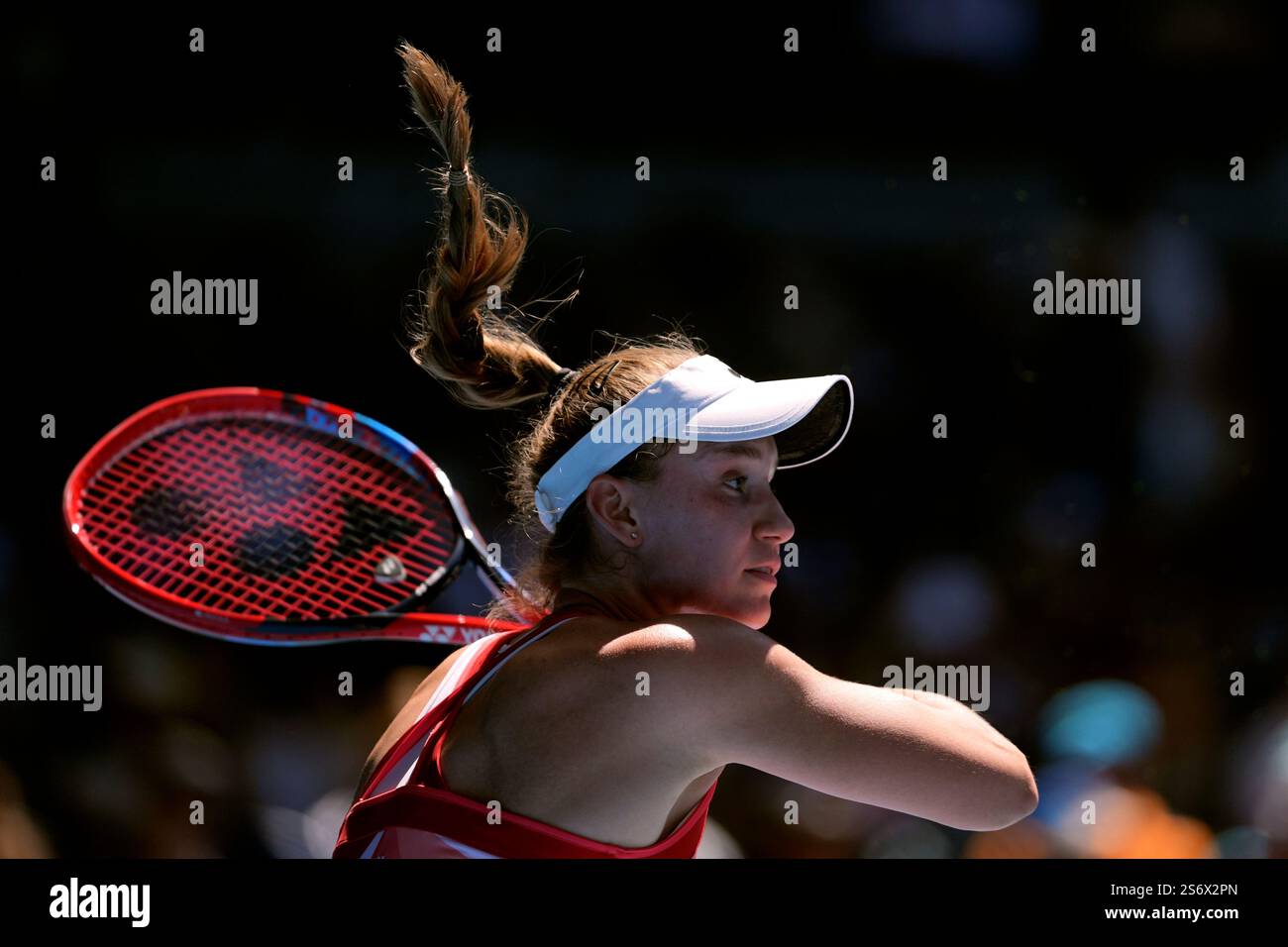 Elena Rybakina of Kazakhstan plays a forehand return to Dayana ...