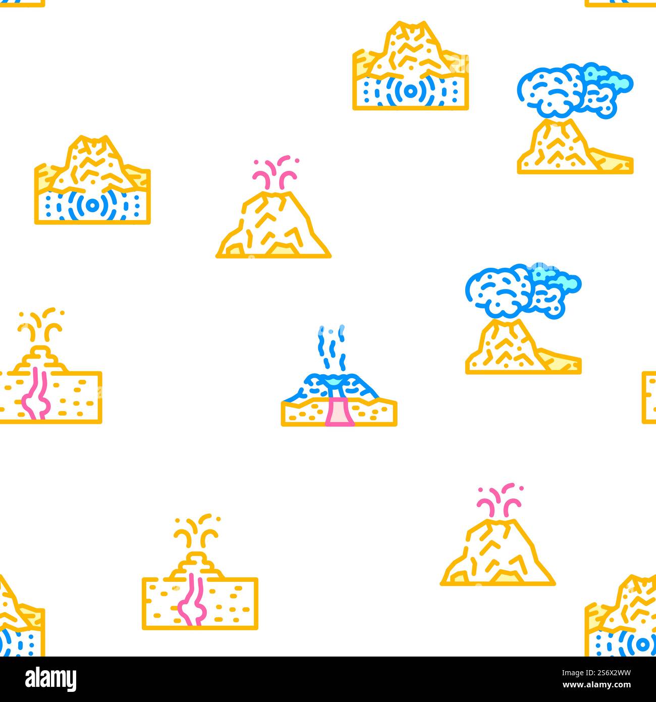 Volcano Lava Eruption Vector Seamless Pattern Color Line Illustration ...