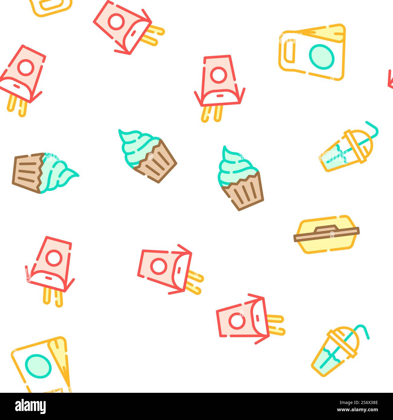 Take Away Food Service Vector Seamless Pattern Color Line Illustration ...