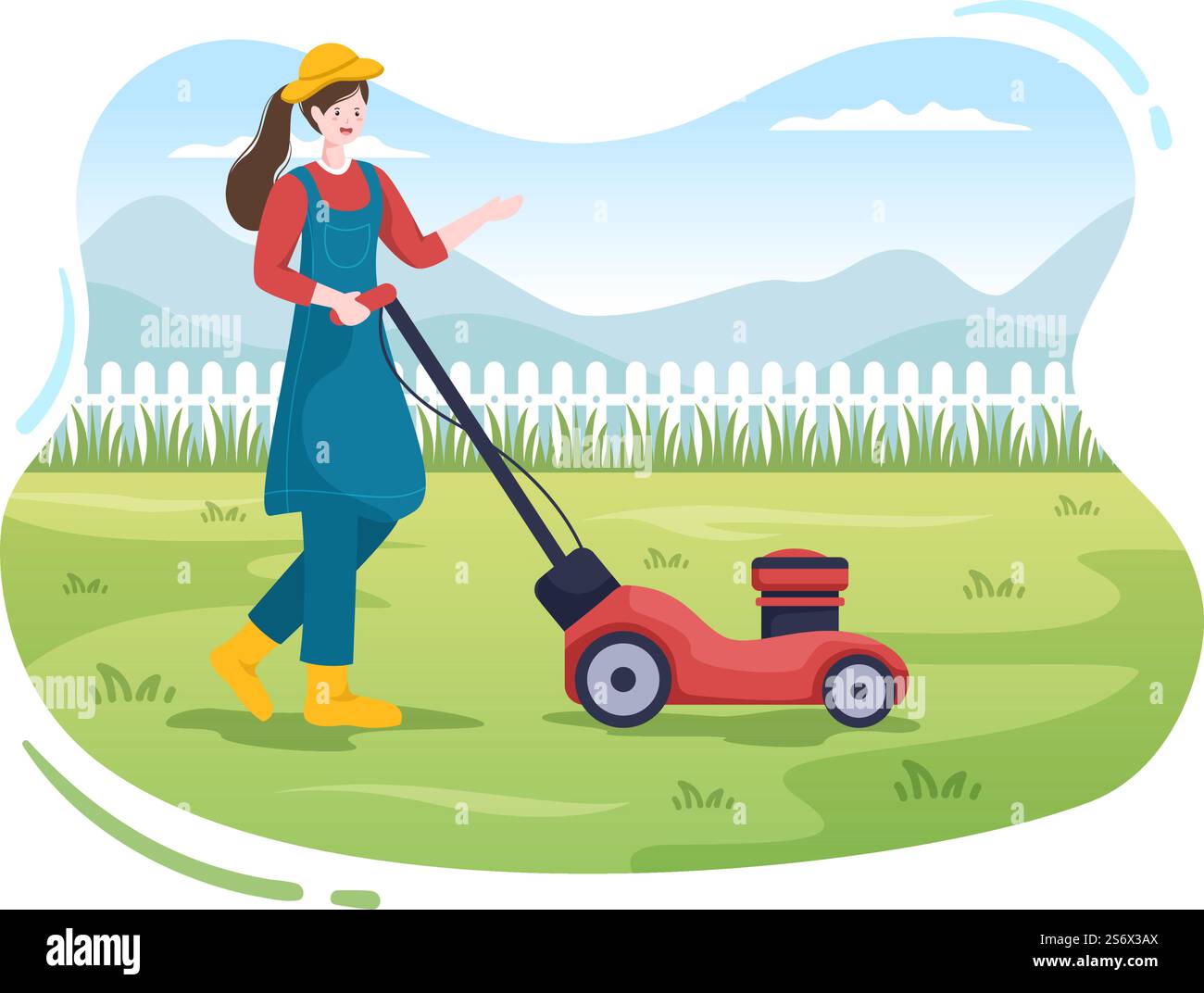 Lawn Mower Cutting Green Grass, Trimming and Care on Page or Garden in ...