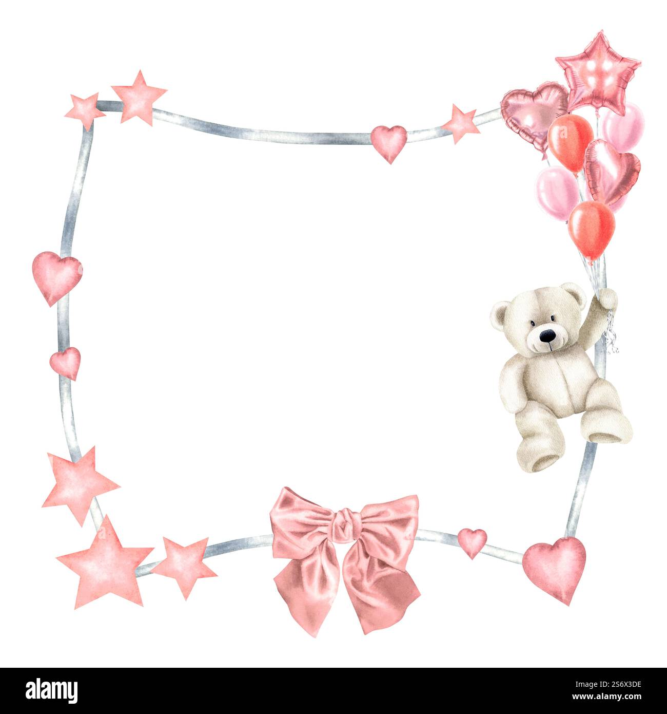 A rectangular frame with a teddy bear flying through the air, supported ...