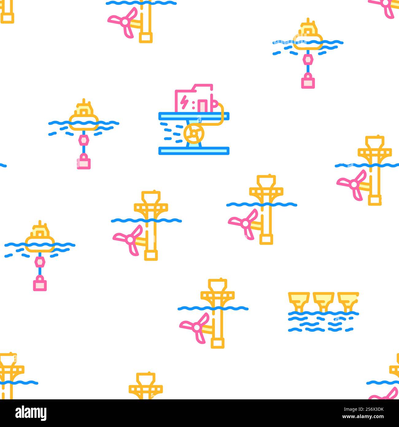 Tidal Power Plant Vector Seamless Pattern Color Line Illustration ...