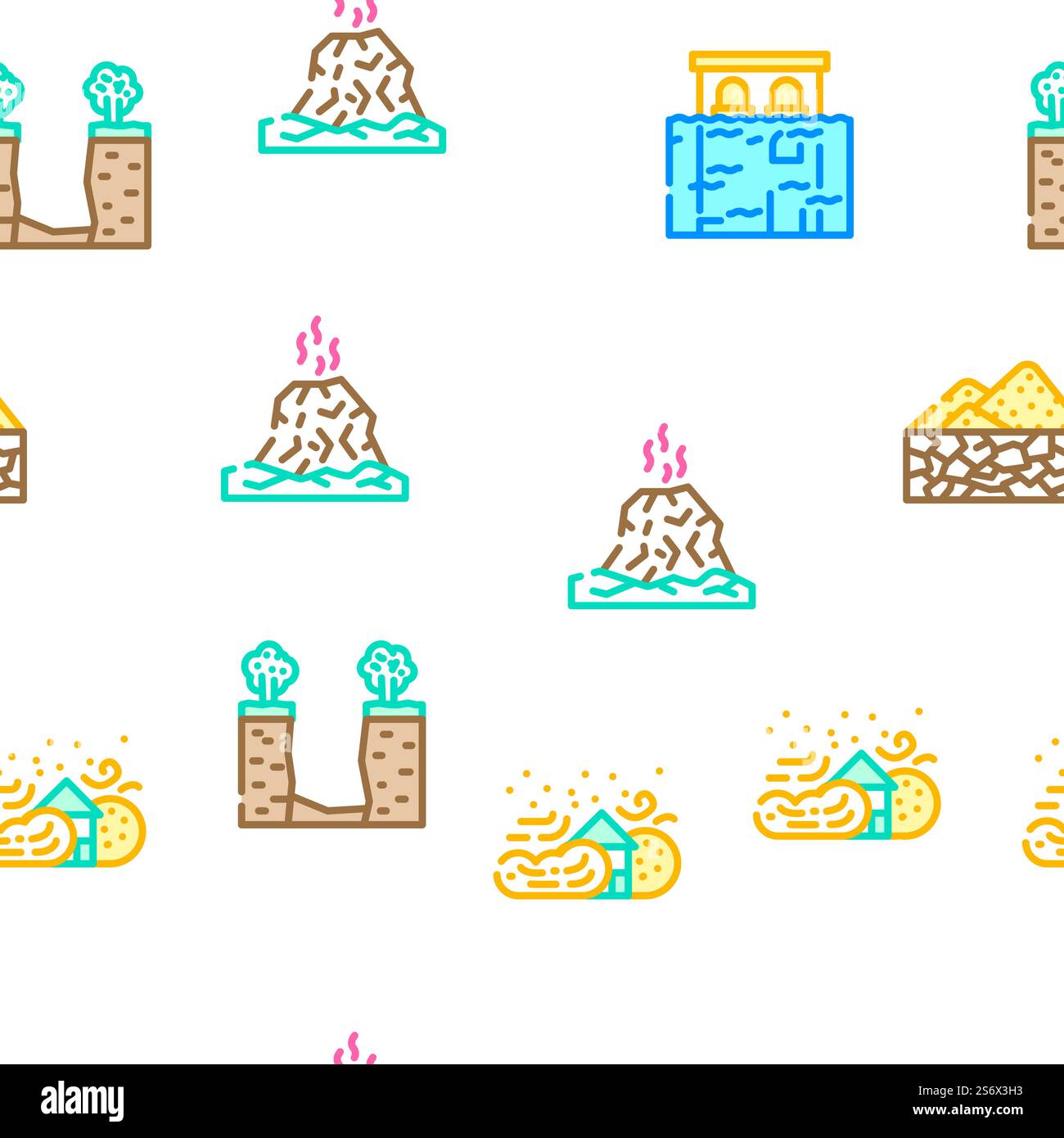 Disaster Destruction Vector Seamless Pattern Color Line Illustration ...