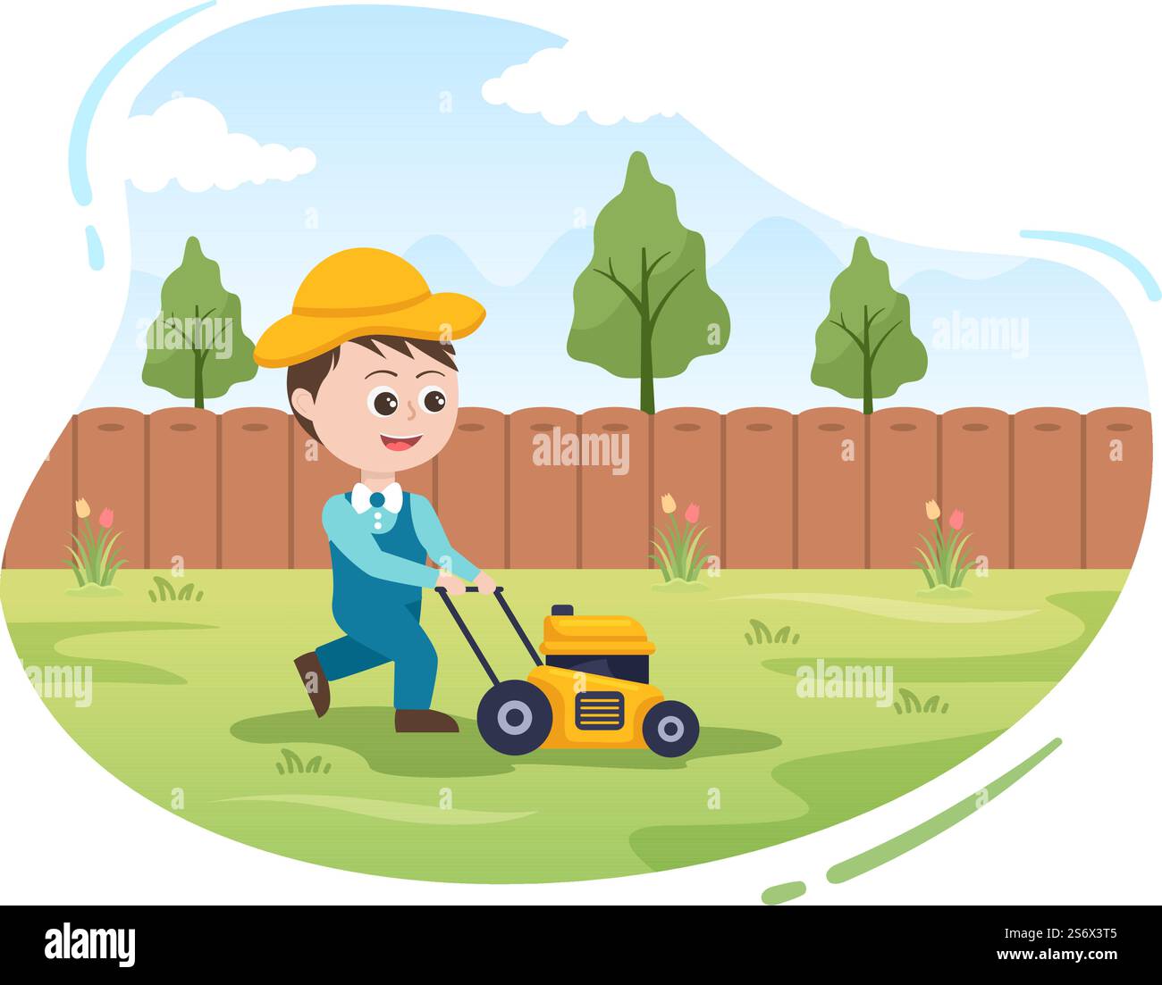 Lawn Mower Cutting Green Grass, Trimming and Care on Page or Garden in ...