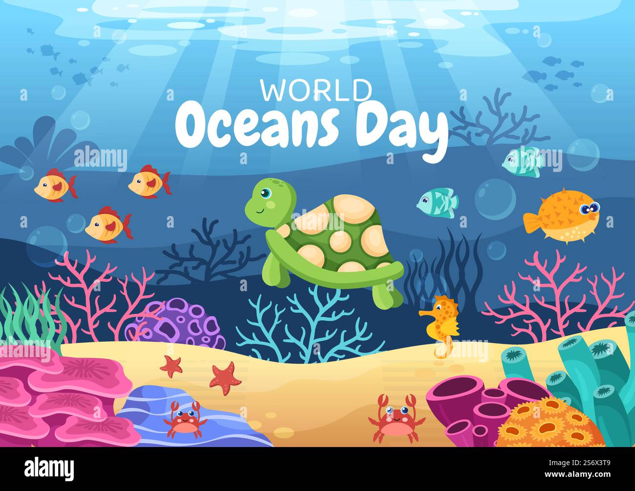 World Ocean Day Cartoon Illustration with Underwater Scenery, Various ...