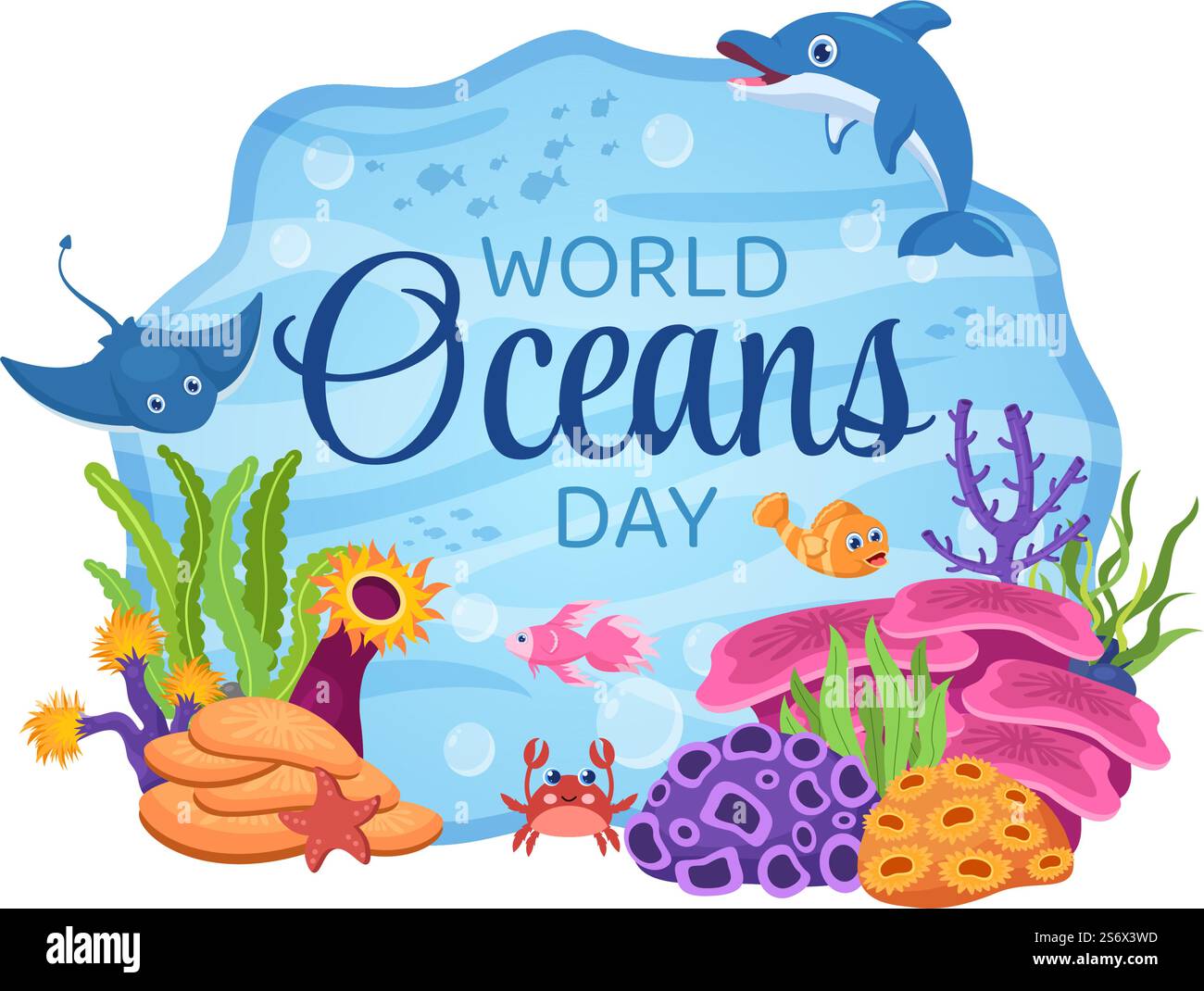World Ocean Day Cartoon Illustration with Underwater Scenery, Various ...