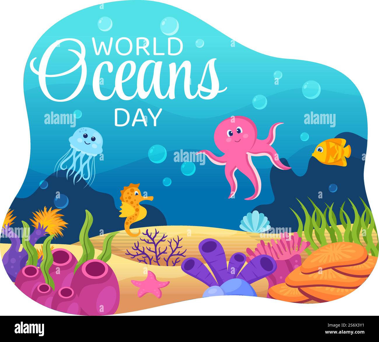 World Ocean Day Cartoon Illustration with Underwater Scenery, Various ...