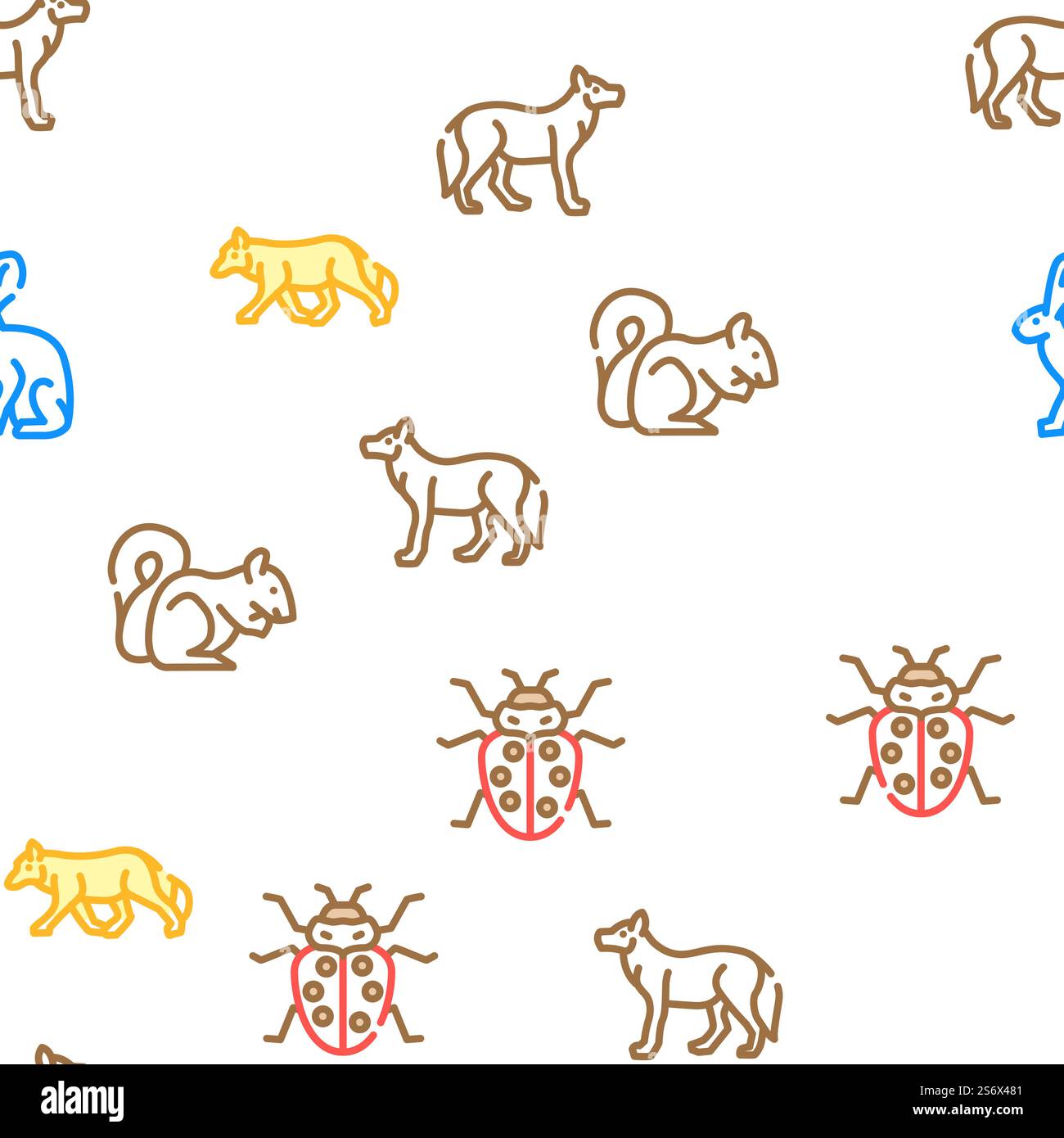 Wild Animals, Birds And Insects Vector Seamless Pattern Color Line ...