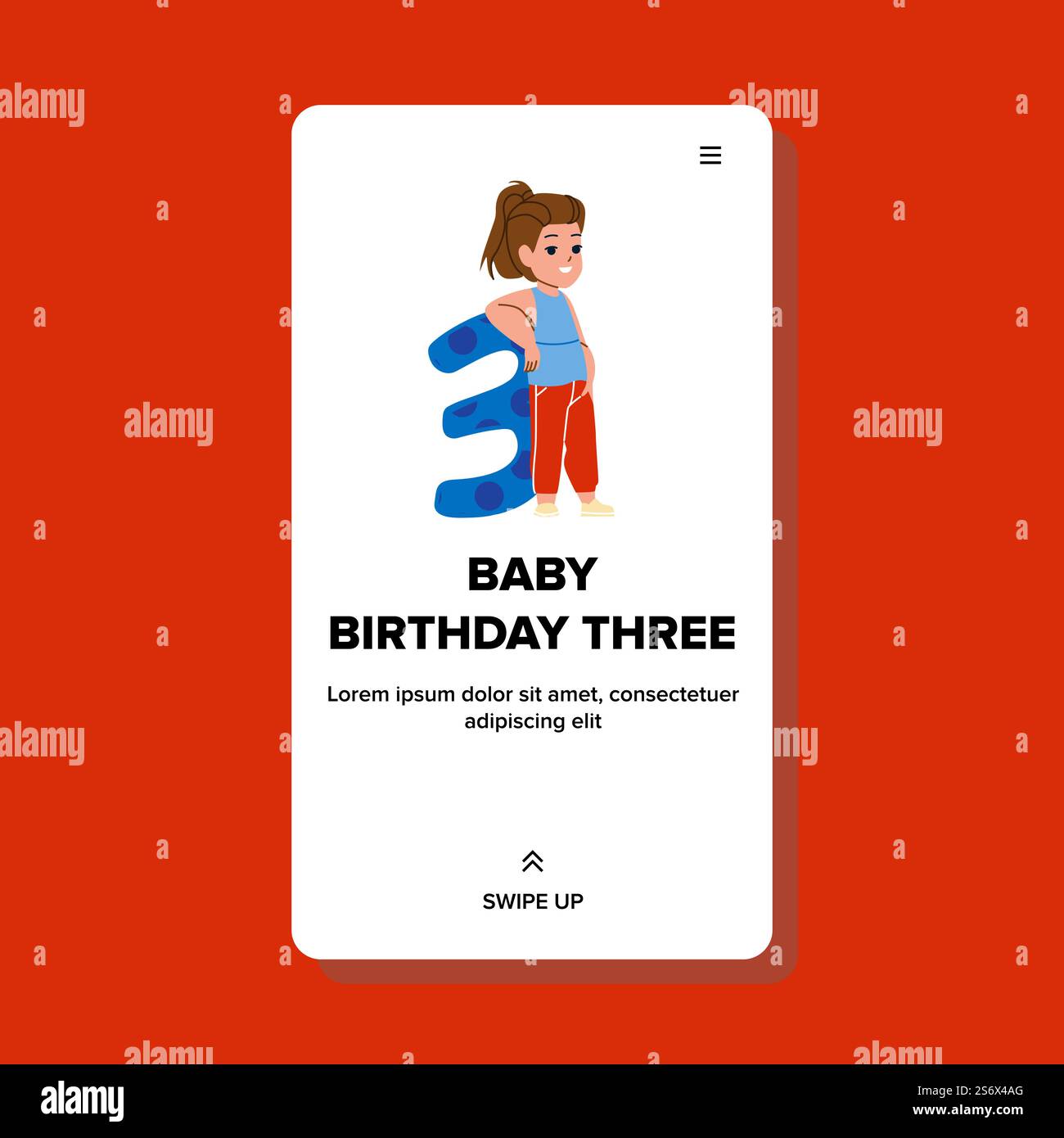 Third Baby Birthday Celebrating Little Girl Vector. Preschool Kid And ...