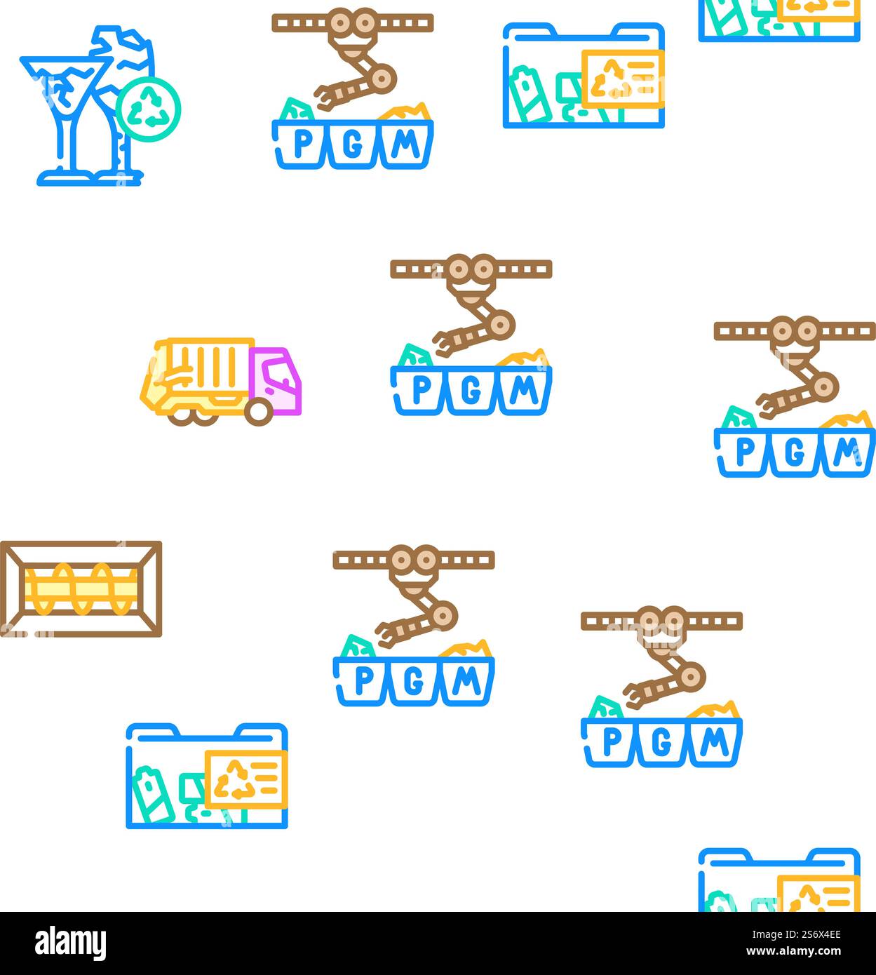 Waste Sorting Conveyor Equipment Vector Seamless Pattern Color Line ...