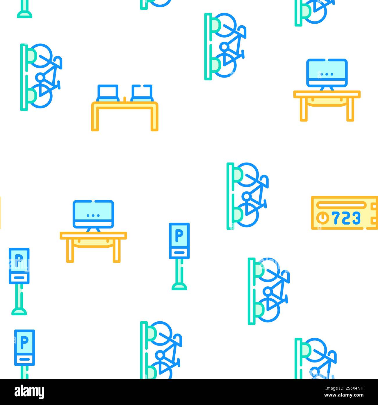Coworking Work Office Collection Vector Seamless Pattern Color Line ...
