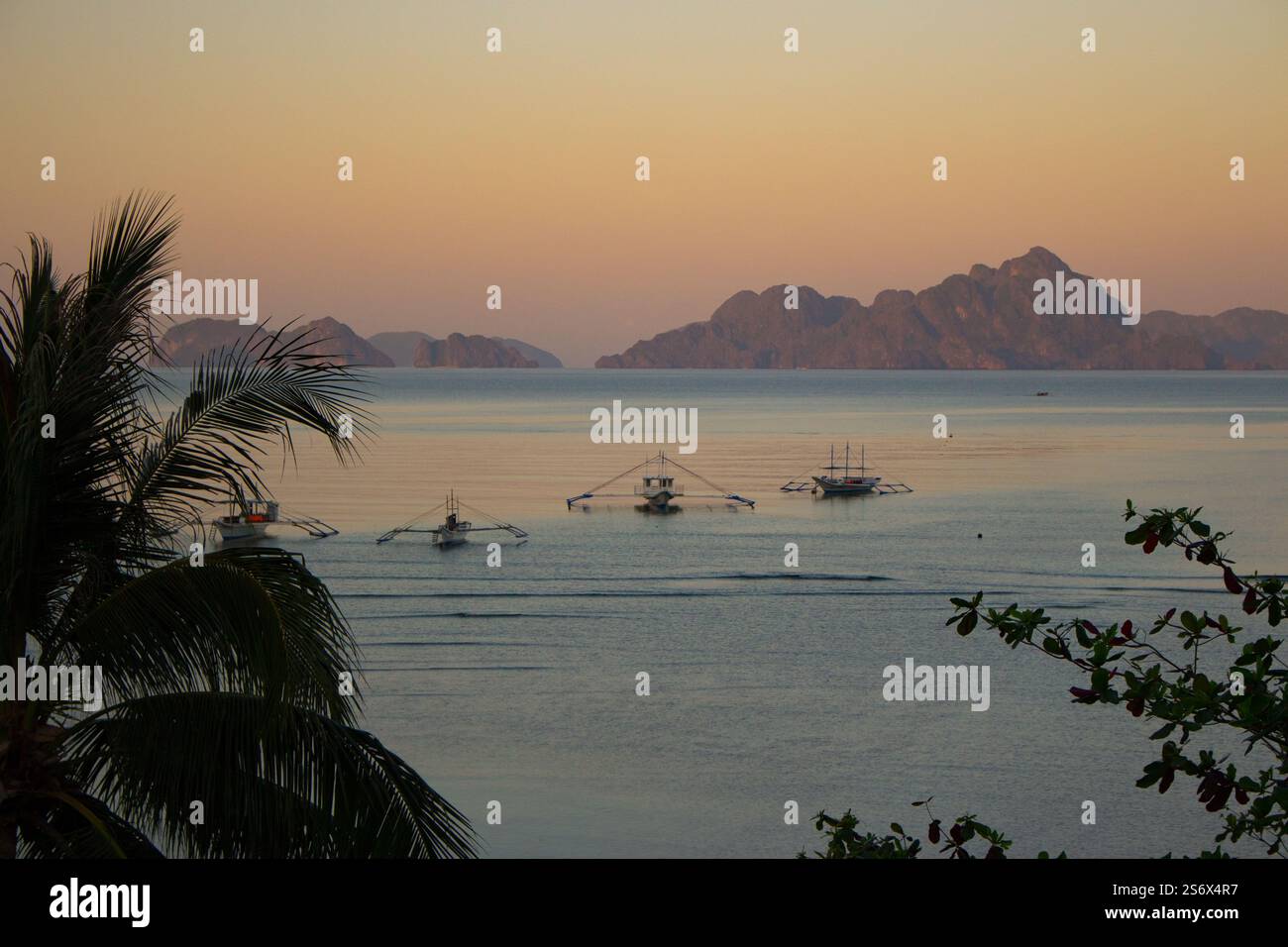Morning on beach with trees and boats. Sunrise in Palawan, Philippines ...