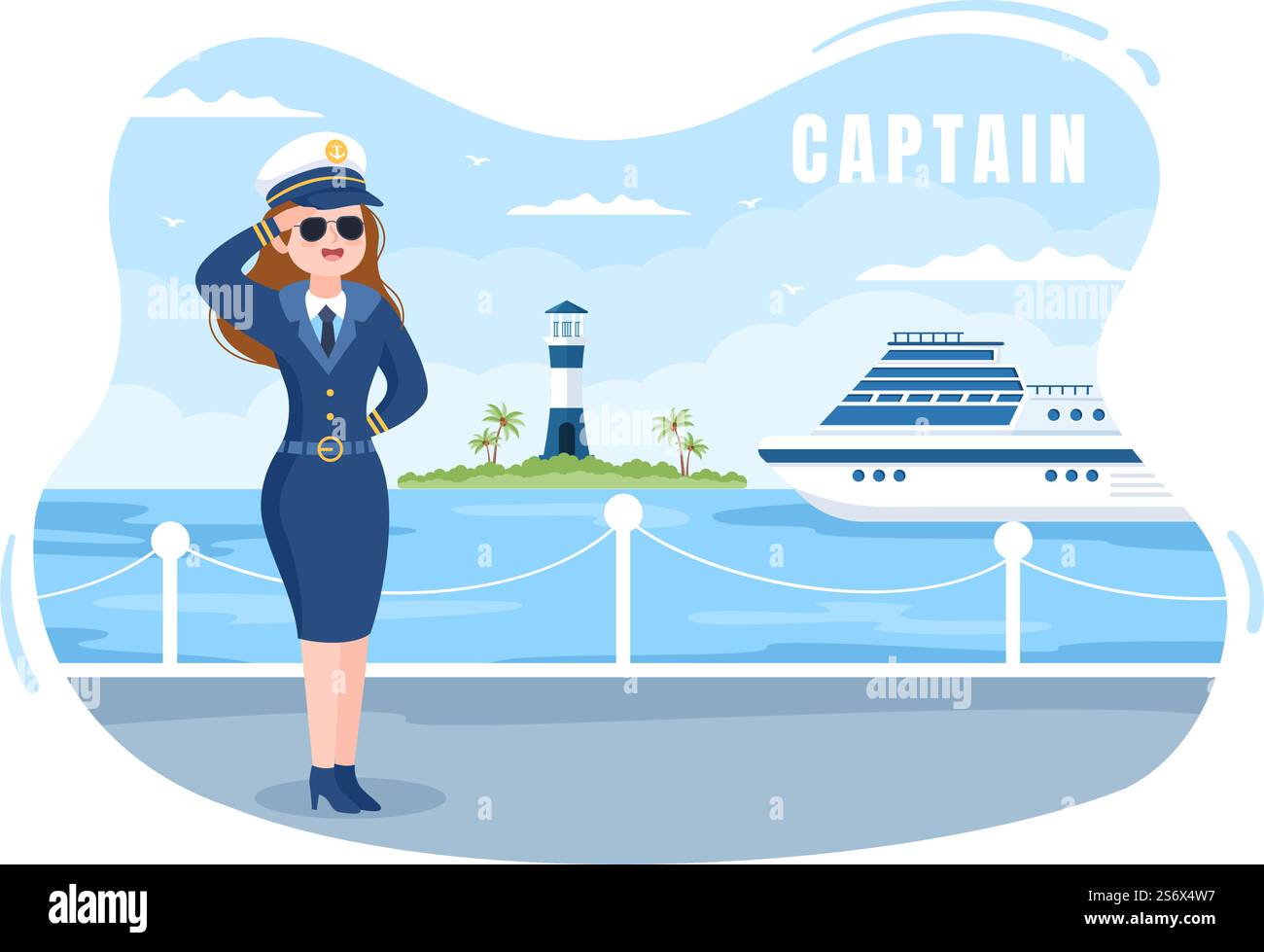 Woman Cruise Ship Captain Cartoon Illustration in Sailor Uniform Riding ...