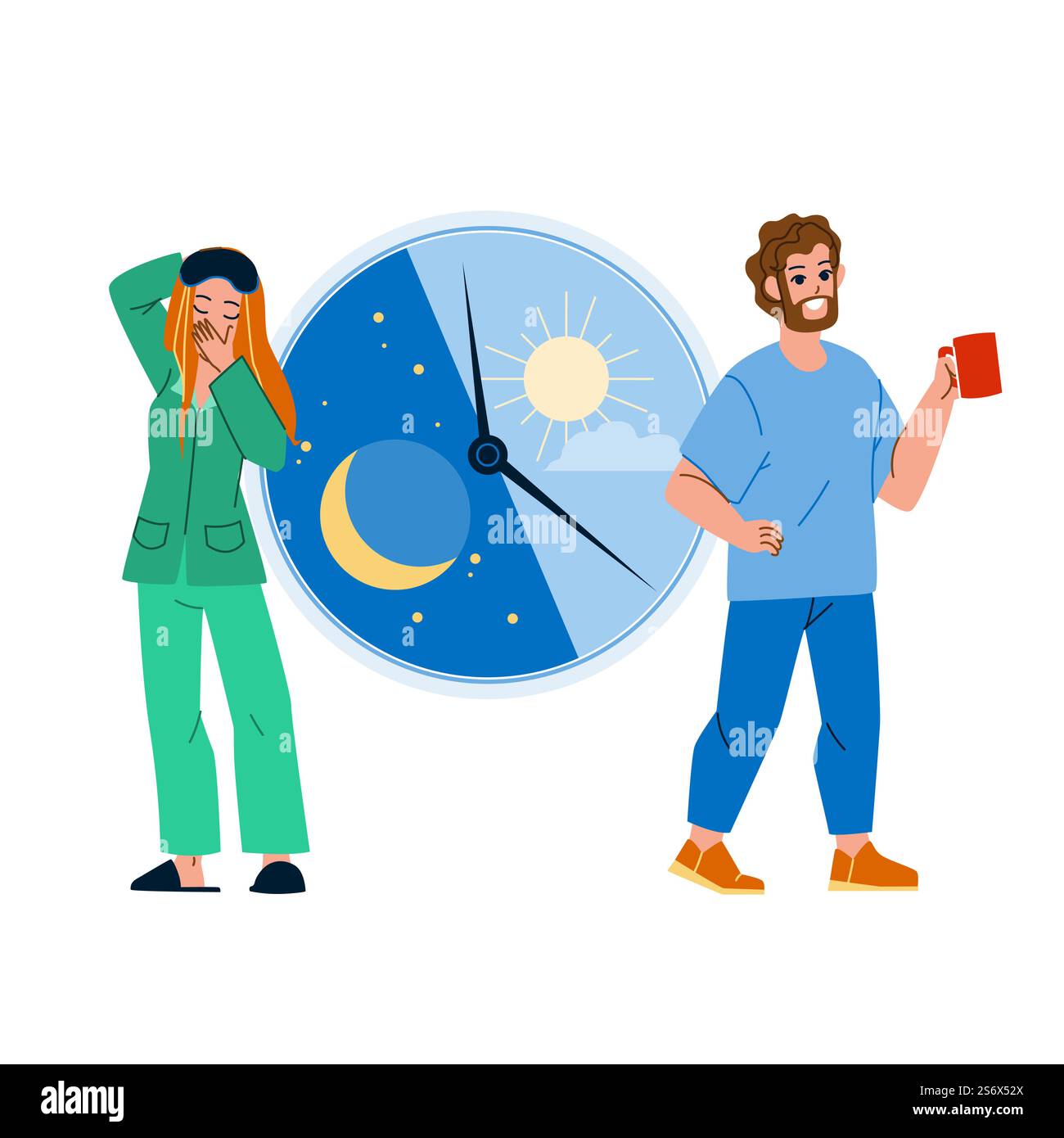 Circadian Rhythm Of Young Man And Woman Vector. Sleepy Girl Yawning And ...